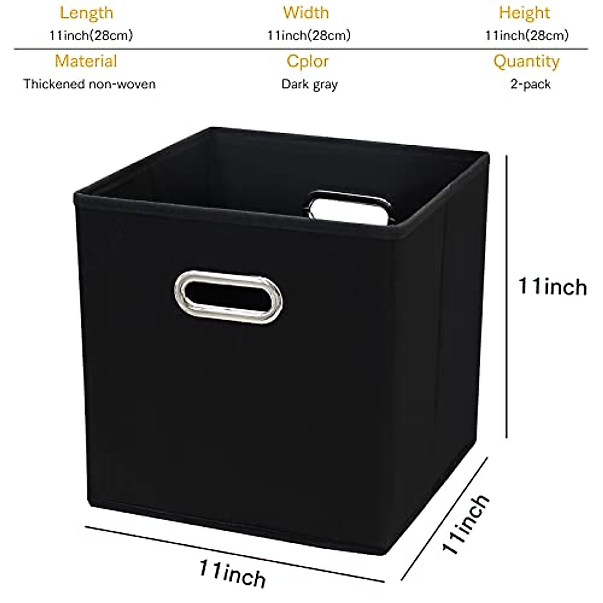 Yunkeeper 11 Inch Cube Storage Bins ,Black Fabric Cubes Organizer Baskets with Handle, Foldable Basket for Closet or Collapsible Storage Box, 11x11x11 Set of 2 (Black )