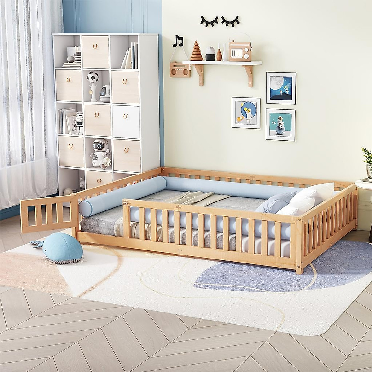 Queen Size Floor Bed for Children, Sturdy Wood Montessori Bed Frame with Fence Railings & Support Slats, Queen Playhouse Beds for Girls and Boys, Door Can Install Left and Right, No Box Spring Needed,