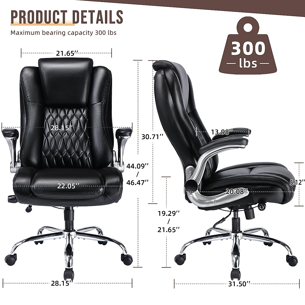 High Back Office Chair with Flip-up Armrests - Lifting Headrest, Built-in Adjustable Lumbar Support, Comfortable Home Office Chair, Executive Office Chair, Ergonomic Design, Sturdy Metal Base