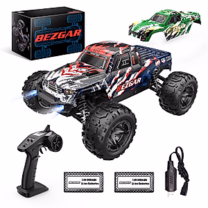 BEZGAR HM161 Hobby Grade 1:16 Scale Remote Control Truck, 4WD High Speed 40+ Kmh All Terrains Electric Toy Off Road RC Vehicle Car Crawler with 2 Rechargeable Batteries for Boys Kids and Adults