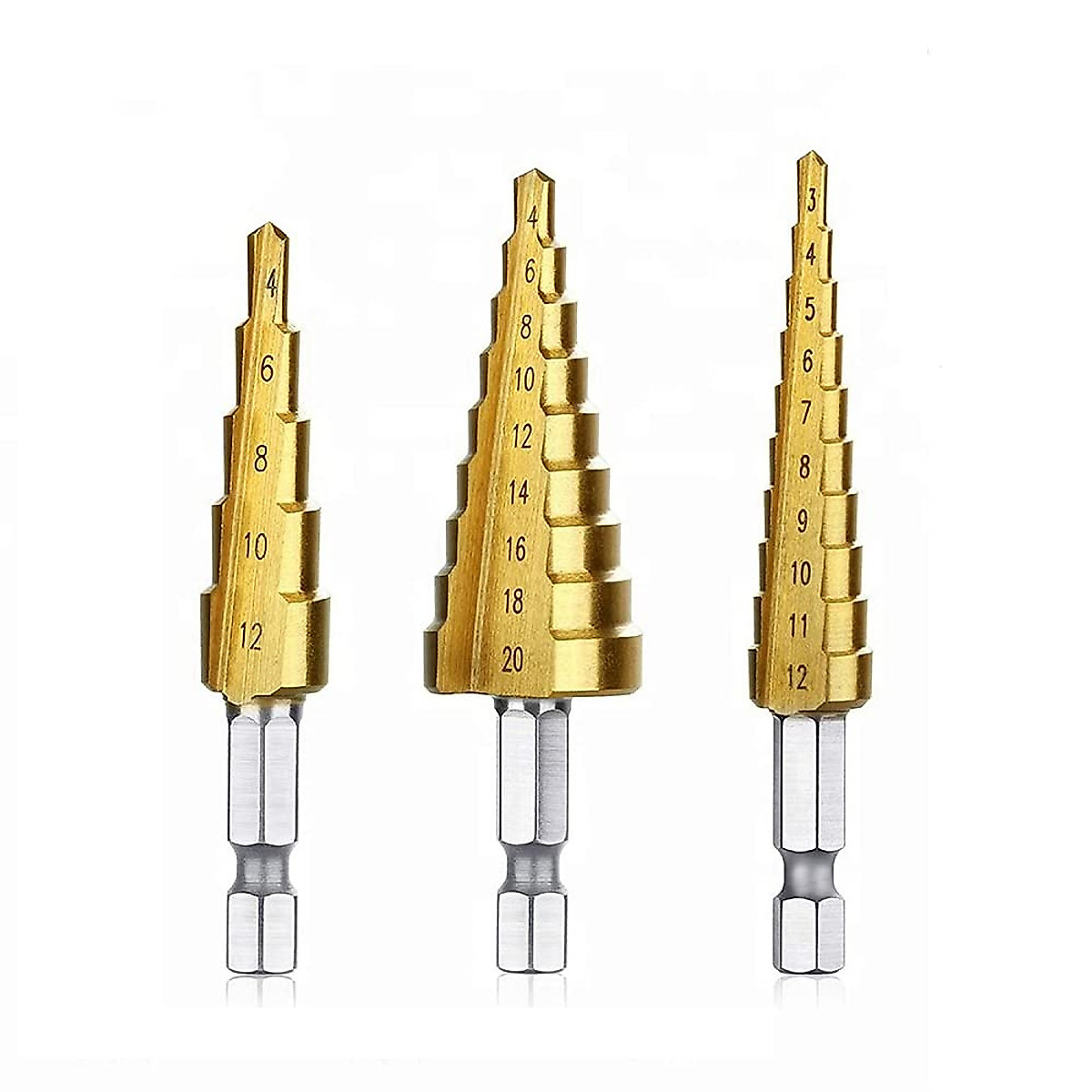 Fongmore 3Pcs 1/4" Hex Shank Drive Quick Change High Speed Steel Titanium Step Drill Bit Short Length Drill Bits for Hole Drilling 3-12mm 4-12mm 4-20mm