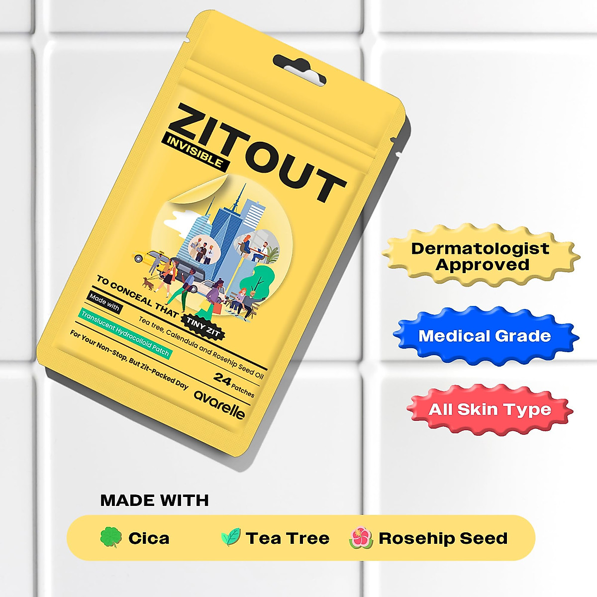 AVARELLE Invisible Acne Spot Patch (24 Count) Ultra Thin Hydrocolloid Spot Sticker for Day Time Acne l For Covering Zits & Blemish with Calendula, Rosehip Seed, Vegan, Cruelty Free