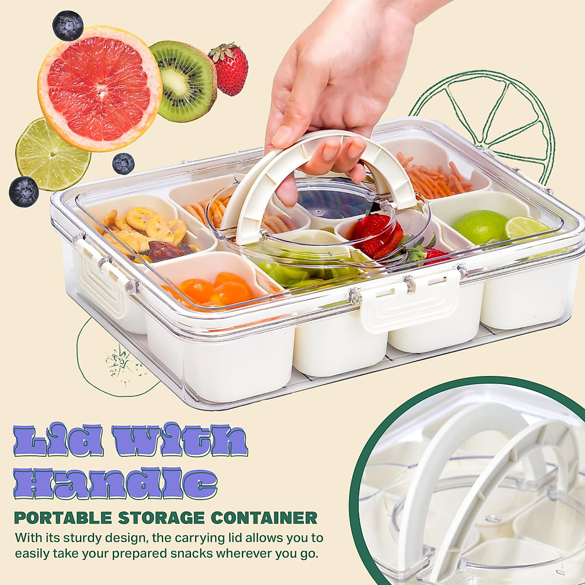 Snackle Box Container, Divided Serving Tray With Lid for Snack, Fruit Storage Containers for Fridge, You Can Use Snack Containers for Charcuterie - Fruit Tray for Picnic, 8 Compartment Snack Box