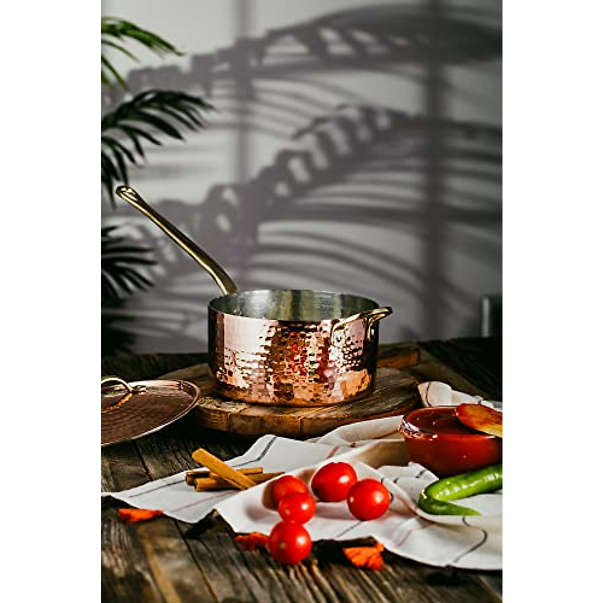 DEMMEX 1.2mm Thick Hammered Uncoated Copper Saucepan with Lid & Helper Handle, Food-Safe Tin Lined (1.7-Quart)