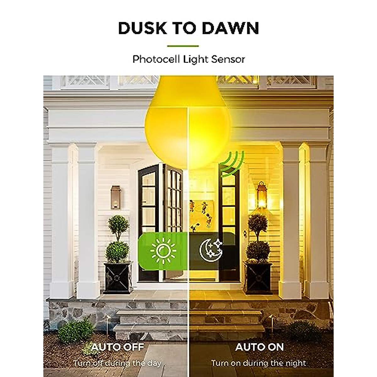 LOHAS Yellow LED Bug Light Bulbs Outdoor, A19 9W Auto On/Off Bug Lights for Outside, 2000K Amber Porch Light Bulb 60W Equi, Non-Attracting, E26 Base, Not-Dimmable, Ideal for Patio, Backyard, 2 Pack