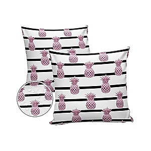 Outdoor Waterproof Throw Pillow Covers Pink Pineapple Lumbar Pillowcases Black Stripe Decorative Outdoor Pillows Cushion Case Patio Pillows for Sofa Couch Bed Garden 18 x 18 Inches
