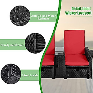 B BAIJIAWEI 5pcs Patio Wicker Loveseat - Outdoor Rattan Sofa Set with Cushion - Adjustable Lounge Chair with Ottoman Footrest, Wicker Furniture for Garden, Patio, Balcony, Beach, Coffee Bar, Deck