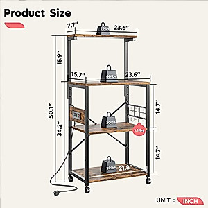 Bestier Bakers Rack with Power Outlet, 4-Tier Kitchen Microwave Stand, Coffee Bar with 6 S-Shaped Hooks, Rolling Storage Shelf Rack with Adjustable Shelf for Kitchen, Living Room - Rustic Brown