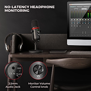 AUDIOPRO USB Microphone, Cardioid Condenser Gaming Mic for PC/Laptop/Phone/PS4/5, Headphone Output, Volume Control, USB Type-C Plug and Play, LED Mute Button, for Streaming, Podcast, Studio