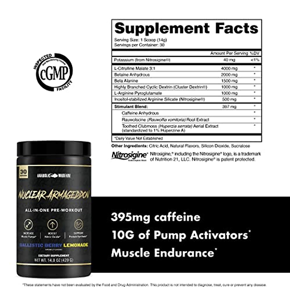 Anabolic Warfare Nuclear Armageddon Pre Workout Powder Pre-Workout for Men & Women with L-Citrulline, Beta Alanine Powder and Caffeine (Ballistic Berry Lemonade - 30 Servings)