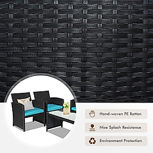 Goplus Rattan Patio Furniture Set 4 Pieces, Outdoor Wicker Conversation Sofa and Table Set with Soft Cushions & Tempered Glass Coffee Table for Balcony Garden Backyard (Turquoise)