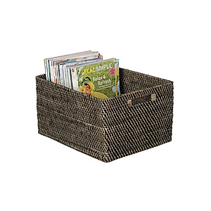 Loma Rectangular Rattan Storage Basket with Cut-Out Handles - Black-Wash - Coastal-Inspired Handwoven Rattan Basket for Home Organization & Décor