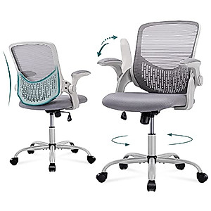 Office Chair, Ergonomic Computer Chair Mesh Home Office Desk Chairs with Flip-up Armrests, Rolling Swivel Chair with Lumbar Support Height Adjustable, Grey