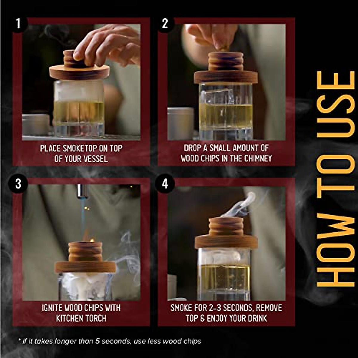 Aim Smoke Large Cocktail Smoker Kit - Chimney style Smoker with four large containers of Apple, Cinnamon, Cherry and Oak wood for Cocktails, Whiskey, & Bourbon., Black