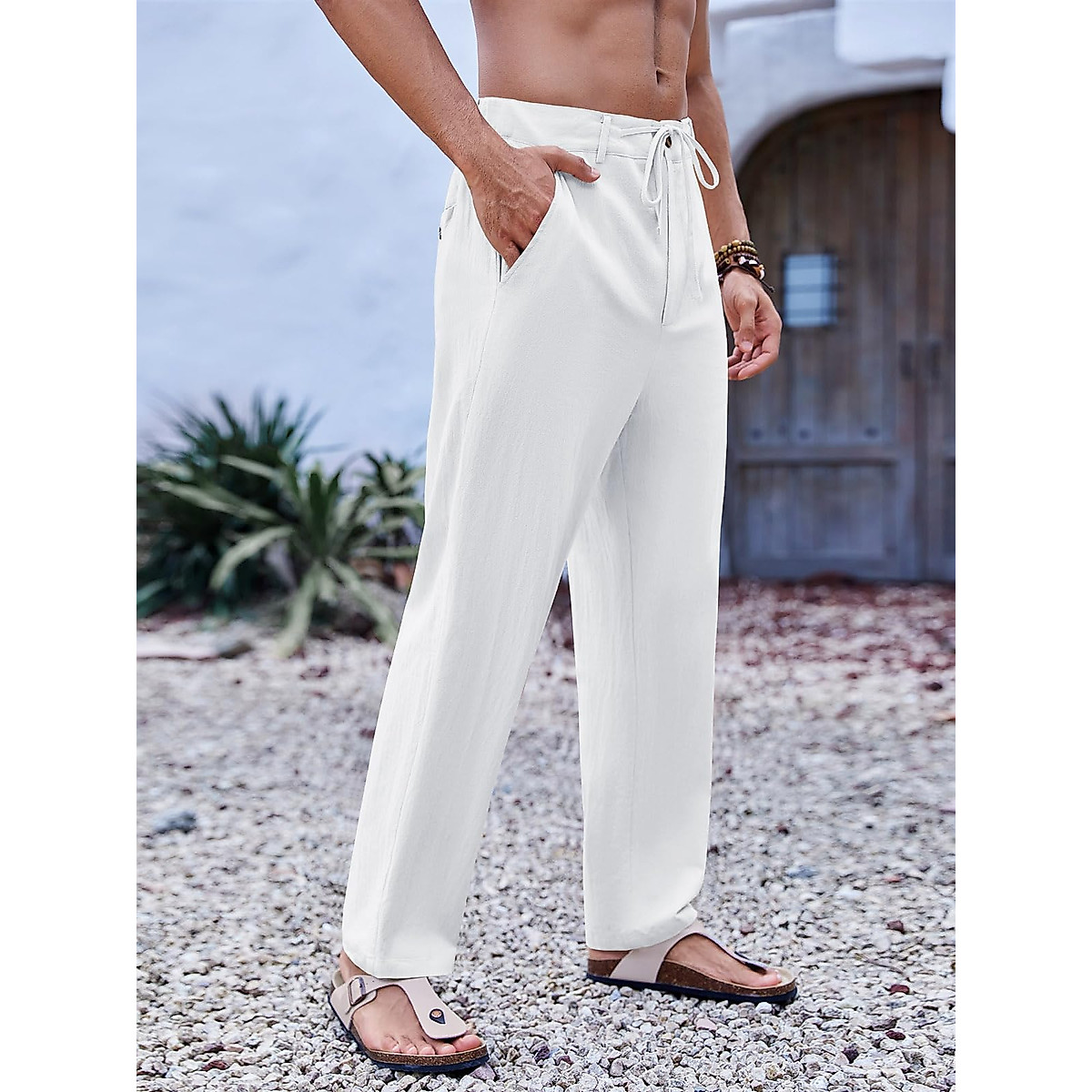 PASLTER Mens Cotton Pants Drawstring Casual Jogger Yoga Beach Pant Elastic Waist Slim Fit Trousers for Men White