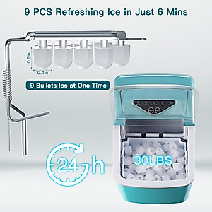 rosmena Ice Maker Countertop, 30lbs/24H Ice Maker Machine, 9 Cubes in 6 Mins, Self-Cleaning Ice Makers with Basket and Scoop, Portable Small ice Maker, 2 Sizes of Bullet Ice for Home Kitchen Office