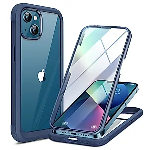 Miracase Compatible with iPhone 13 Mini case 5.4 inch, 2023 Upgrade Full-Body Glass Clear Case Bumper Case with Built-in 9H Tempered Glass Screen Protector for iPhone 13 Mini, Dark Blue