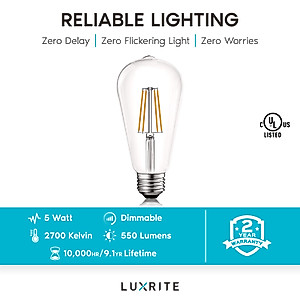 LUXRITE Vintage LED Edison Bulb 60W Equivalent, ST19 ST58, 2700K Warm White, 550 Lumens, Dimmable LED Filament Bulb 5W, Clear Glass, UL Listed, E26 Medium Base (4 Pack)