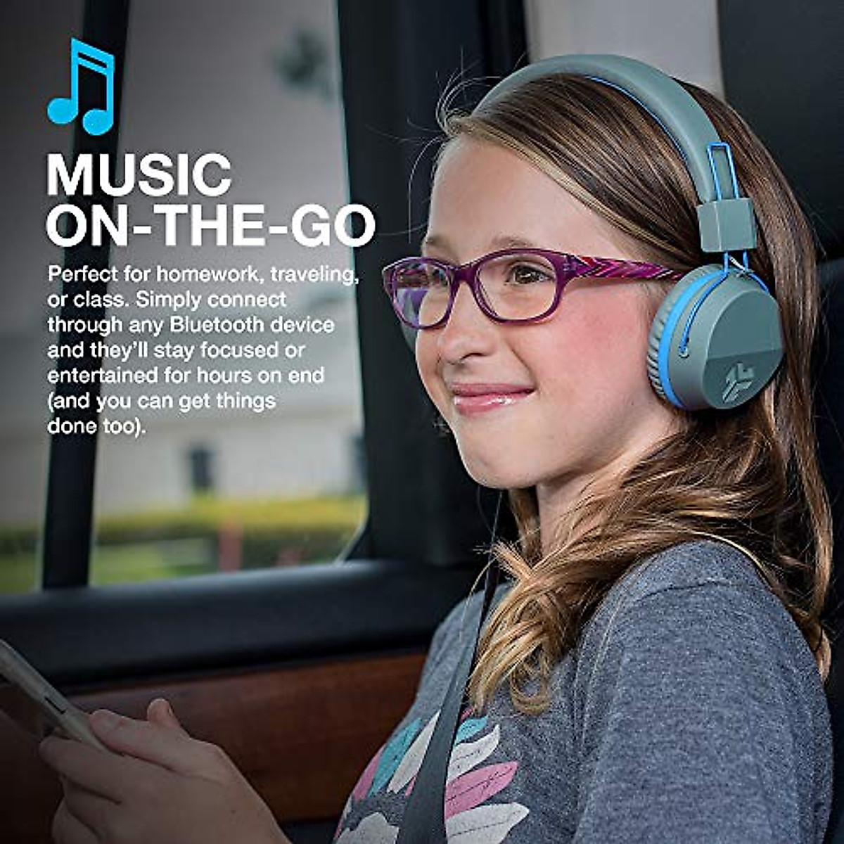 JLab JBuddies Studio Bluetooth On-Ear Kids Headphones | 13 Hour Battery Life | Studio Volume Safe | Volume Limiter | Folding | Adjustable | Noise Isolation | with Mic | Gray/Blue