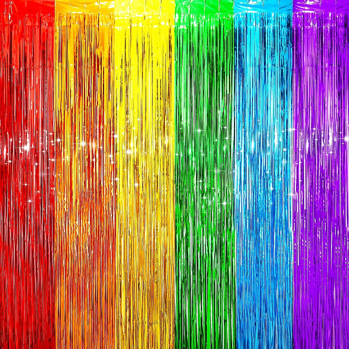 2 Pack Rainbow Foil Fringe Backdrop Curtains, Tinsel Streamers Birthday Party Decorations, Fringe Backdrop for Graduation, Baby Shower, Gender Reveal, Disco Party