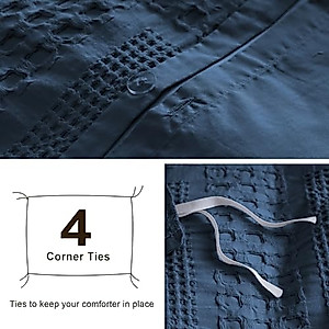 PHF 100% Cotton Waffle Duvet Cover Full Size, 3 Pieces Soft Breathable Duvet Cover Set for All Season, Pre-Washed Decorative Textured Comforter Cover with 2 Pillow Shams, 80"x90", Navy Blue