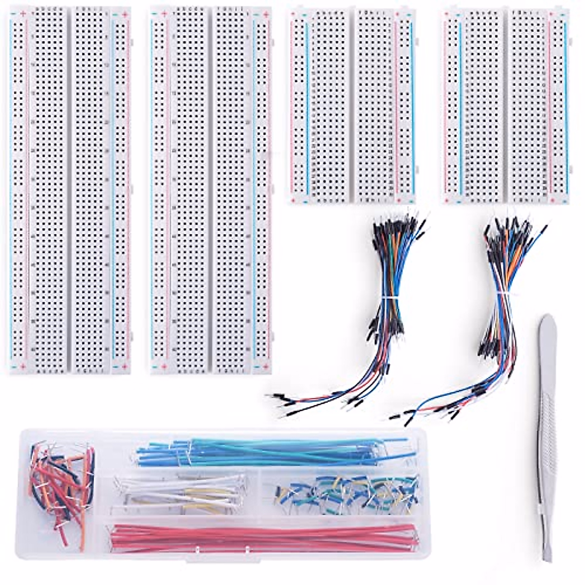 Breadboard Jumper Wires Kit 2Pcs 830 Breadboards 2PCS 400 Breadboards +130pcs Flexible Breadboard Jumper Wires +280pcs Jumper Wires+1pcs Tweezer for Arduino Raspberry Pi