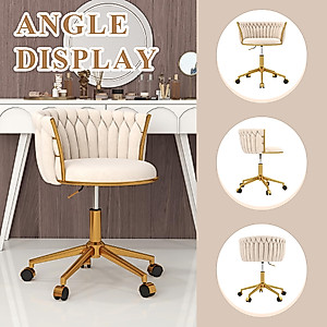 ABET Desk Chair with Wheels, Modern Velvet Office Chair for Desk, Hand Woven Vanity Makeup Chair for Girls Women Bedroom, 360° Swivel & Height Adjustable Gold Base Task Armchair, Beige