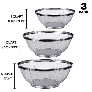 3 Pack Strainers for Kitchen, 18/8 Stainless Steel Colander, Fine Mesh Strainer for Pasta, Rice and Fruit, Sieve for Strain, Drain, Rinse or Steam (5-Quart, 4-Quart and 3-Quart)