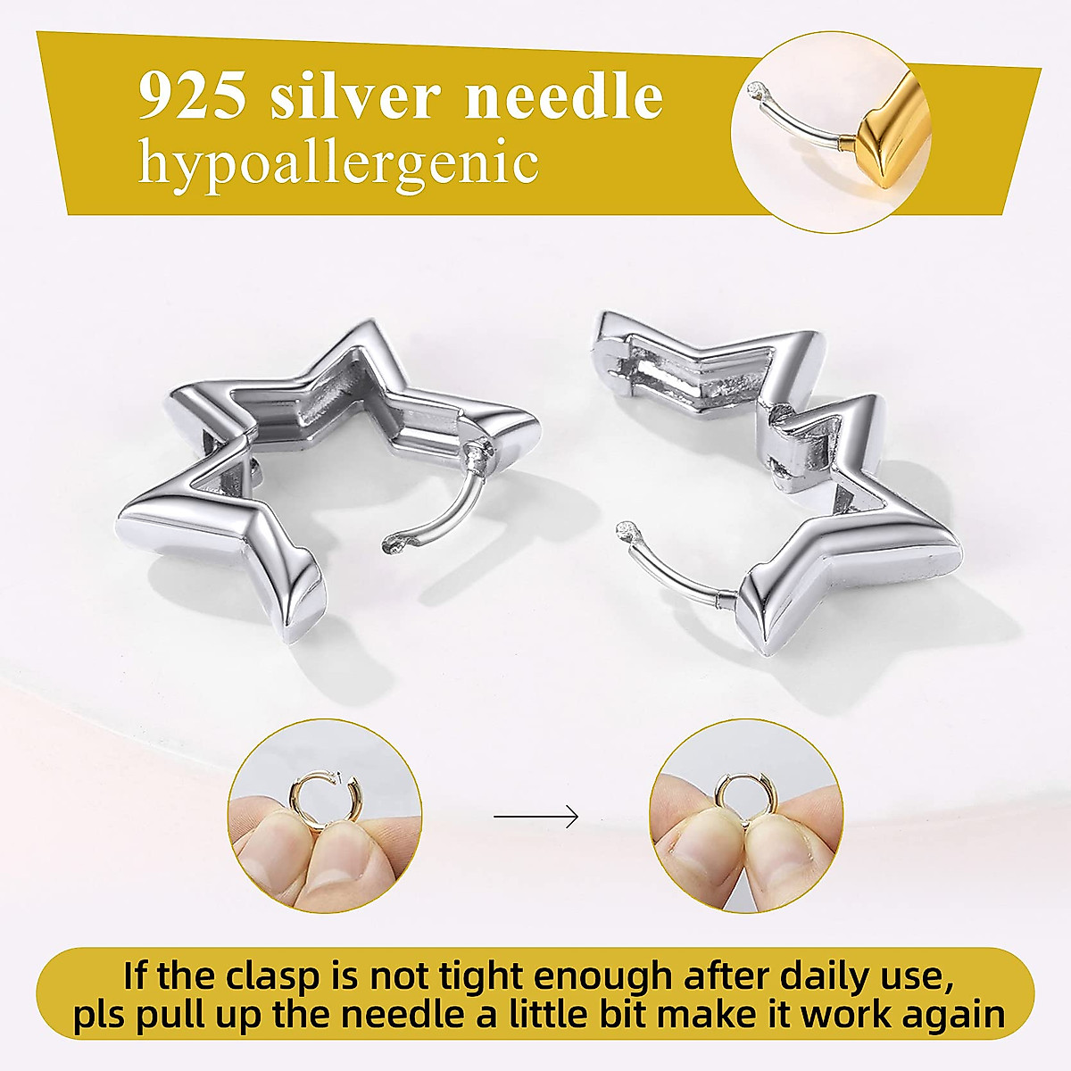 Star Hoop Earrings Small,19mm Platinum Plated Silver Thick Hoop Cartilage Endless Tiny Star Huggie Hugger Earrings Geometric Jewelry