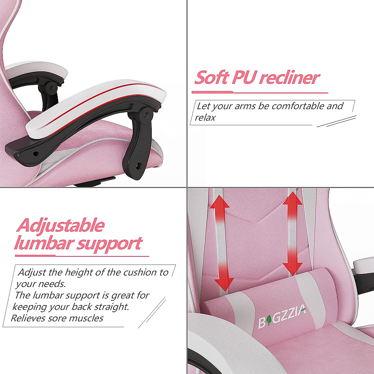 Computer Gaming Chair for Girl Teens, Seat Height Adjustable and Lumbar & Head Support Pink and White