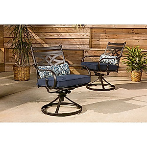 Hanover Montclair 7-Piece Steel Patio Dining Set with 6 Swivel Rockers, Navy Blue Cushions and Stamped Steel 40"x 67" Rectangular Dining Table, Outdoor Dining Set for 6, All Weather Patio Furniture