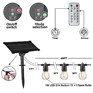 Stright 48FT Solar Powered String Light with Remote Control 8 Light Modes, Weatherproof Shatterproof LED Bulb 15 Sockets Outdoor Strand Patio Light for Fence Backyard