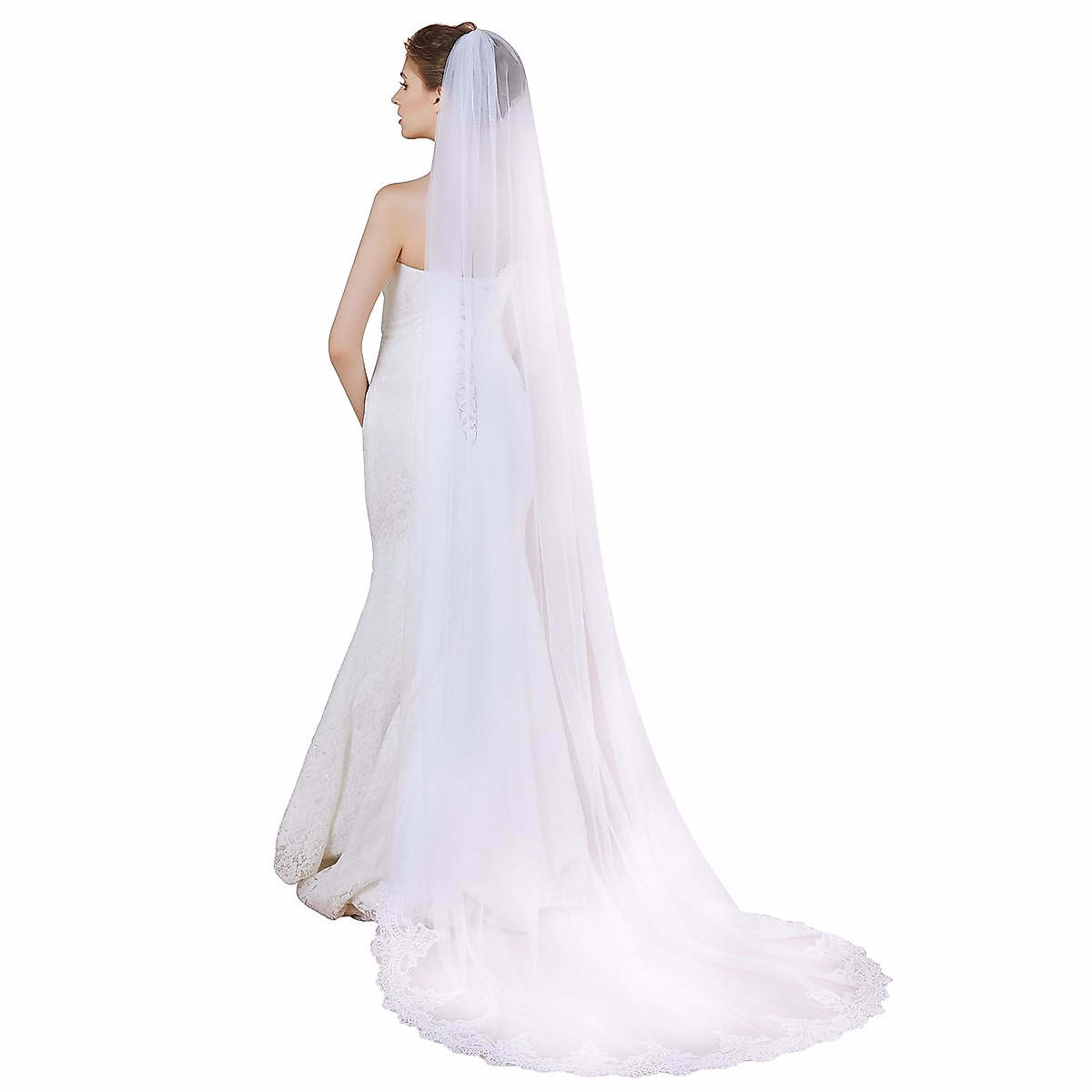 BEAUTELICATE Wedding Bridal Veil with Comb 1 Tier Lace Applique Chapel Length 90" White
