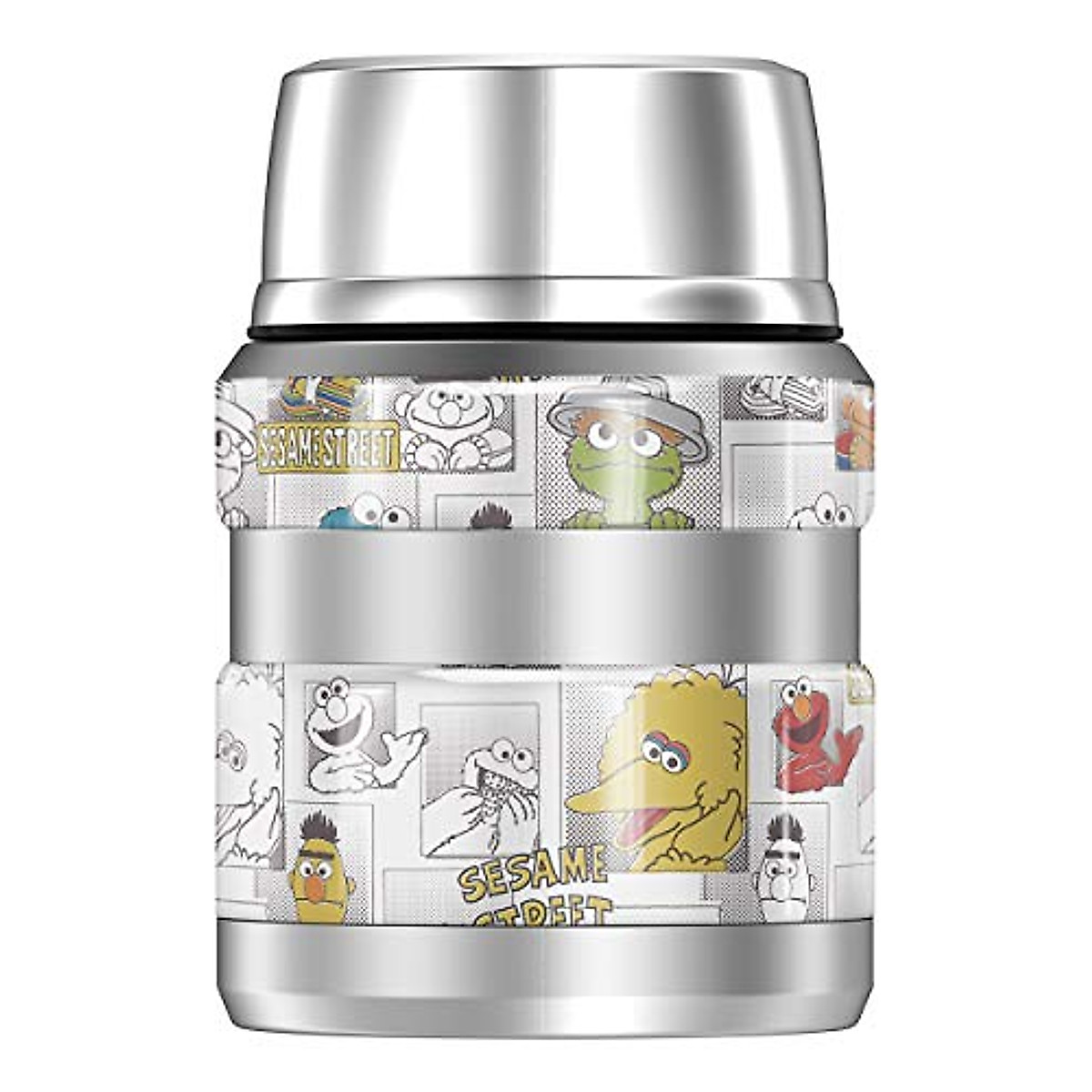 Sesame Street Character Comic Panels THERMOS STAINLESS KING Stainless Steel Food Jar with Folding Spoon, Vacuum insulated & Double Wall, 16oz