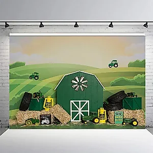 MEHOFOND Tractor Birthday Party Backdrop Props Boy Girl Happy 1st Birthday Green Farm Portrait Photography Background Photo Banner for Cake Table Supplies 7x5ft