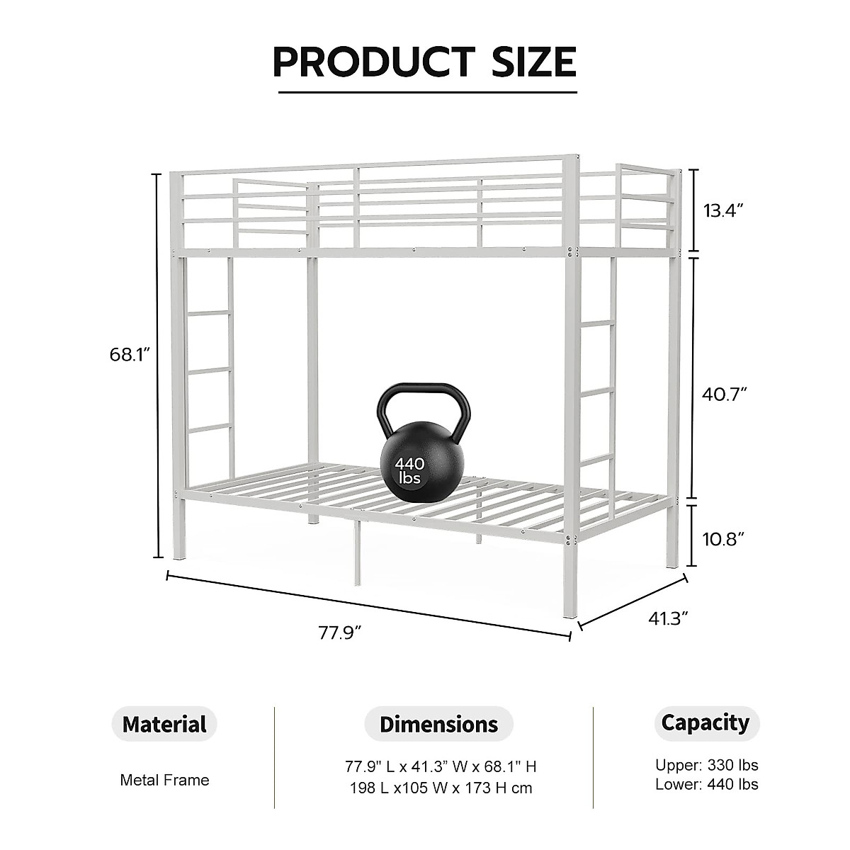 IKIFLY Metal Twin Over Twin Bunk Bed, Heavy Duty Twin Bunk Bed Frame with 2 Built-in Ladders, Safety Guard Rail, Space-Saving Design, for Kids, Teens, Adults - No Box Spring Needed - White