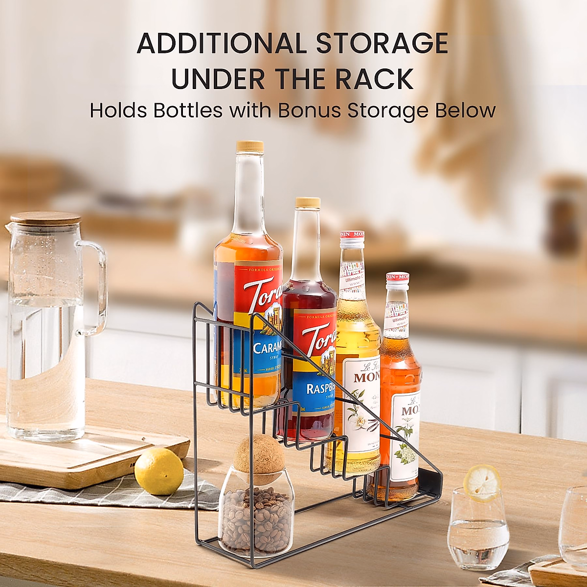 mustry Coffee Syrup Rack for Coffee Bar Accessories, Coffee Syrup Holder Fits with Torani and Monin Syrup, Coffee Bar Organizer Holds 4 Bottles, 2 Pack