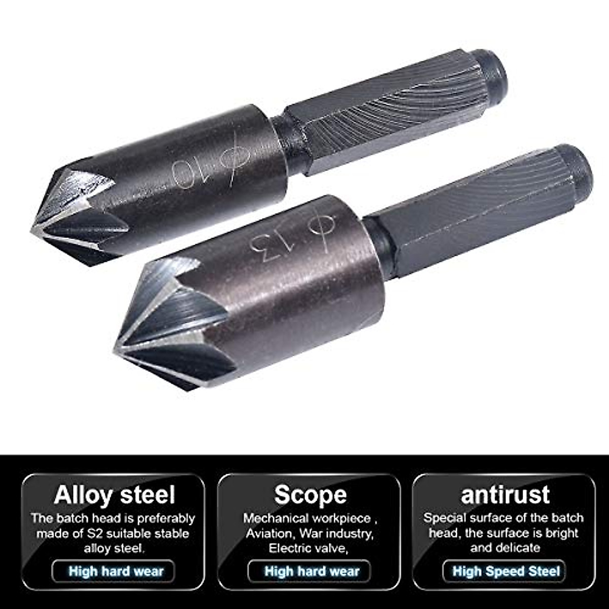 HOHXEN 1/4'' Hex Shank HSS 7 Flute Woodworking Countersink Drill Bit Set 82 Degree Chamfer Countersink Bit Carpentry Reamer 10mm/13mm