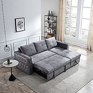 MOEO 91" Reversible Sleeper Sectional Sofa, L-Shape Corner Couch with Storage Chaise and Pulled Out Bed, Tufted Buttons Nailheaded Design for Living Room, Home, Gray
