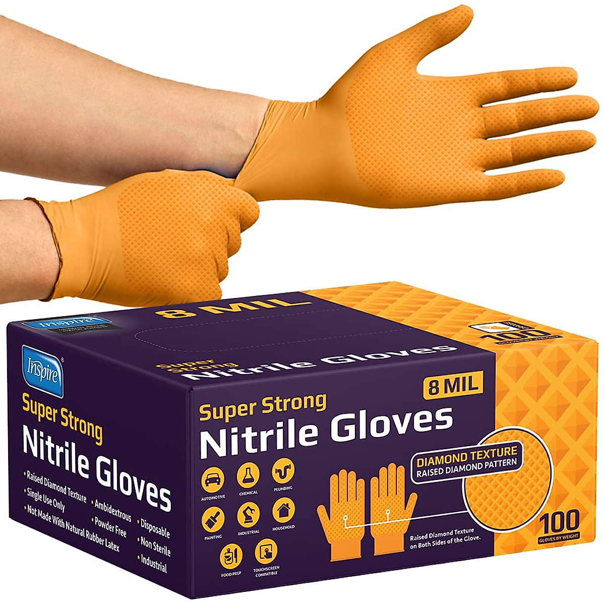 Inspire Heavy Duty Orange Nitrile Disposable Gloves | ULTRA 8 Mil Diamond Textured For Secure Grip Food Safe, Industrial Gloves Disposable Latex Free Mechanic Gloves | Nitrile Gloves