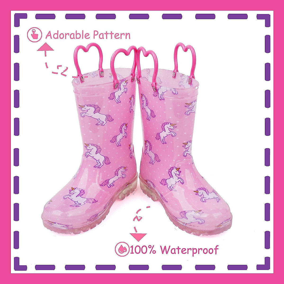 Outee Toddler Girls Rain Boots Little Kids Baby child Light Up Waterproof Rubber Shoes Unicorn Printed Mud Lightweight Adorable with Easy-On Handles Non Slip Sole Pink Size 2