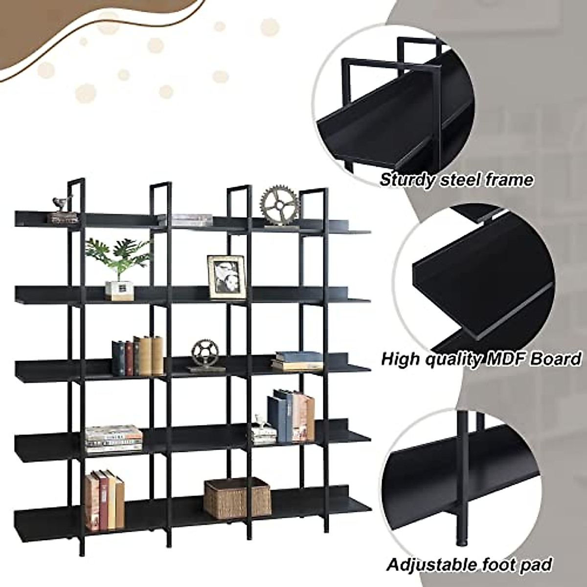 CALABASH Bookcases and Bookshelves Triple Wide 5 Tiers Industrial Bookshelf, Large Tall Bookcase Open Display Shelves with Metal Frame for Living Room Bedroom Library Home Office(Black)