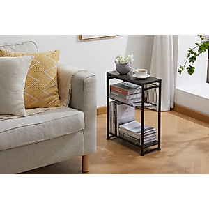 Small Side Table for Small Spaces - Slim End Table with Magazine Holder - 2 in 1 Design Narrow End Table Living Room - Skinny Bedside Table Nightstand Bedroom Thin Side Table (Grey)