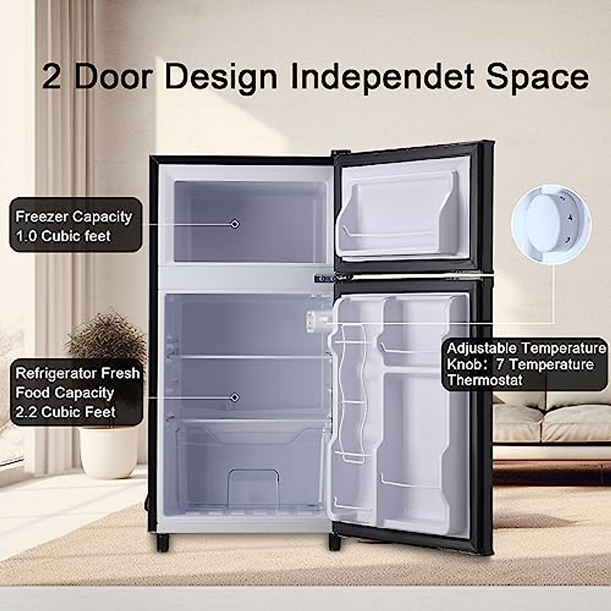 WANAI Compact Refrigerator 3.2 Cu.Ft Mini Black Fridge With Freezer Single Door Mini Refrigerator with 5 TEMP Modes for Dorm Office Bedroom