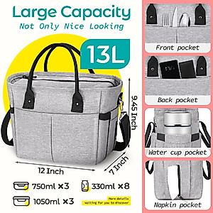 KIPBELIF Insulated Lunch Bags for Women - Large Tote Adult Lunch Box for Women with Shoulder Strap, Side Pockets and Water Bottle Holder, Gray, Normal Size