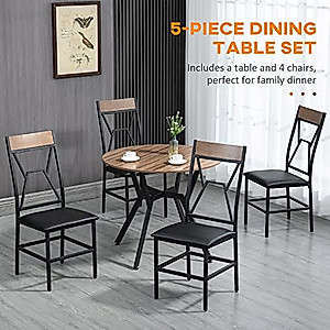 HOMCOM Industrial Dining Table Set for 4, Space-Saving 5 Piece Kitchen Table and Chairs with Round Table, Padded Seat and Steel Frame, Brown