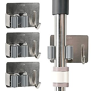 VXYW Mop Broom Holder No Drill SUS304 Stainless Steel, Mop Broom Organizer Wall Mounted Heavy Duty with Hooks Hanger, Self Adhesive Stainless Steel 3Pcs for Bathroom, Kitchen, Office (SILVER)