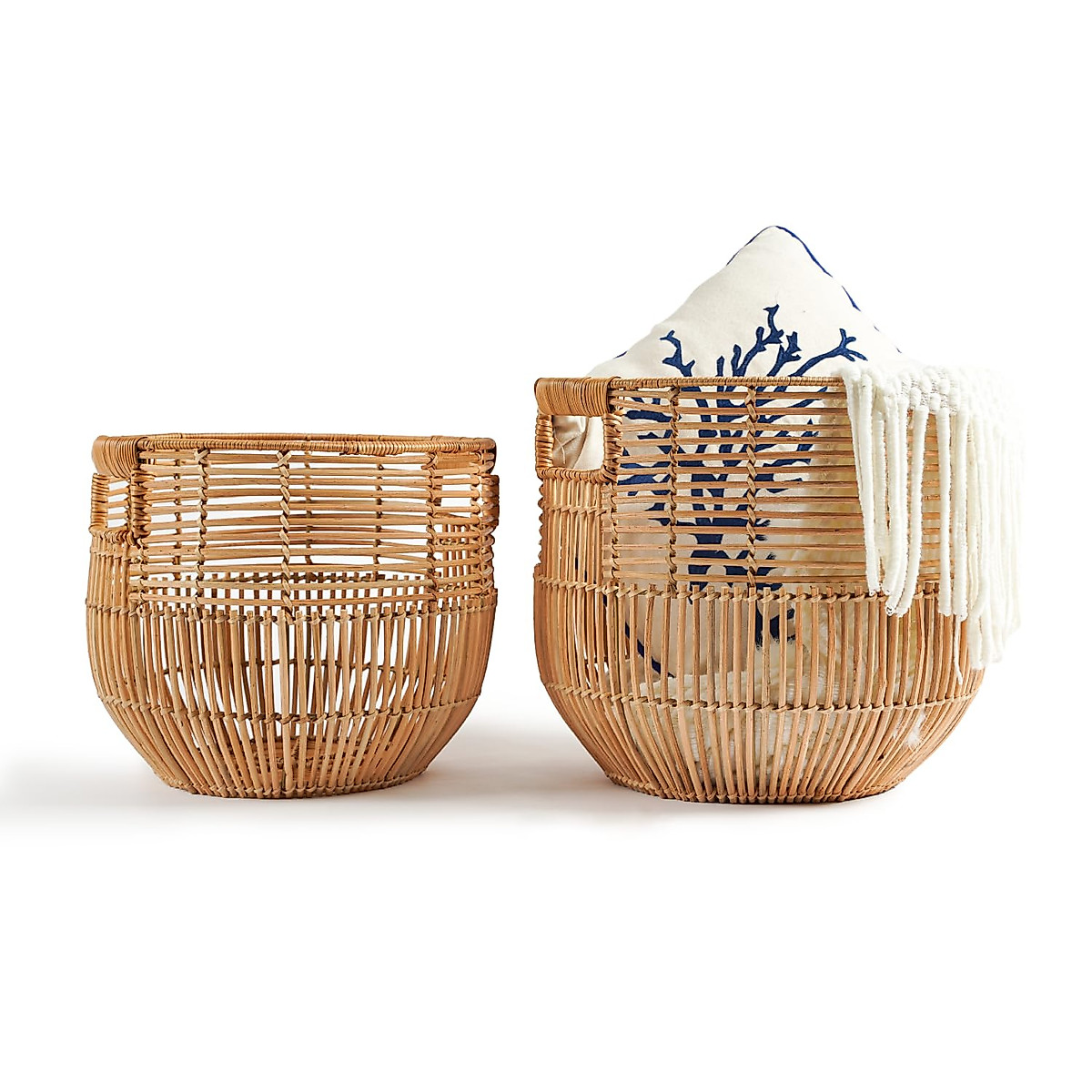 X AVIA HANDICRAFTS Set Of 2 Large Woven Blanket Baskets With Handles | Round Wicker Rattan Storage Floor Baskets for Shoe In Living Room | Extra Big Boho Rattan Laundry Baskets For Pillow, Blanket