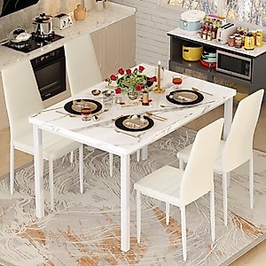 DKLGG Dining Table Set for 4, 5 Piece Kitchen Table Set with PU Leather Chairs Space-Saving Faux Marble Dining Room Table Set for 4 for Small Home Kitchen, Apartment