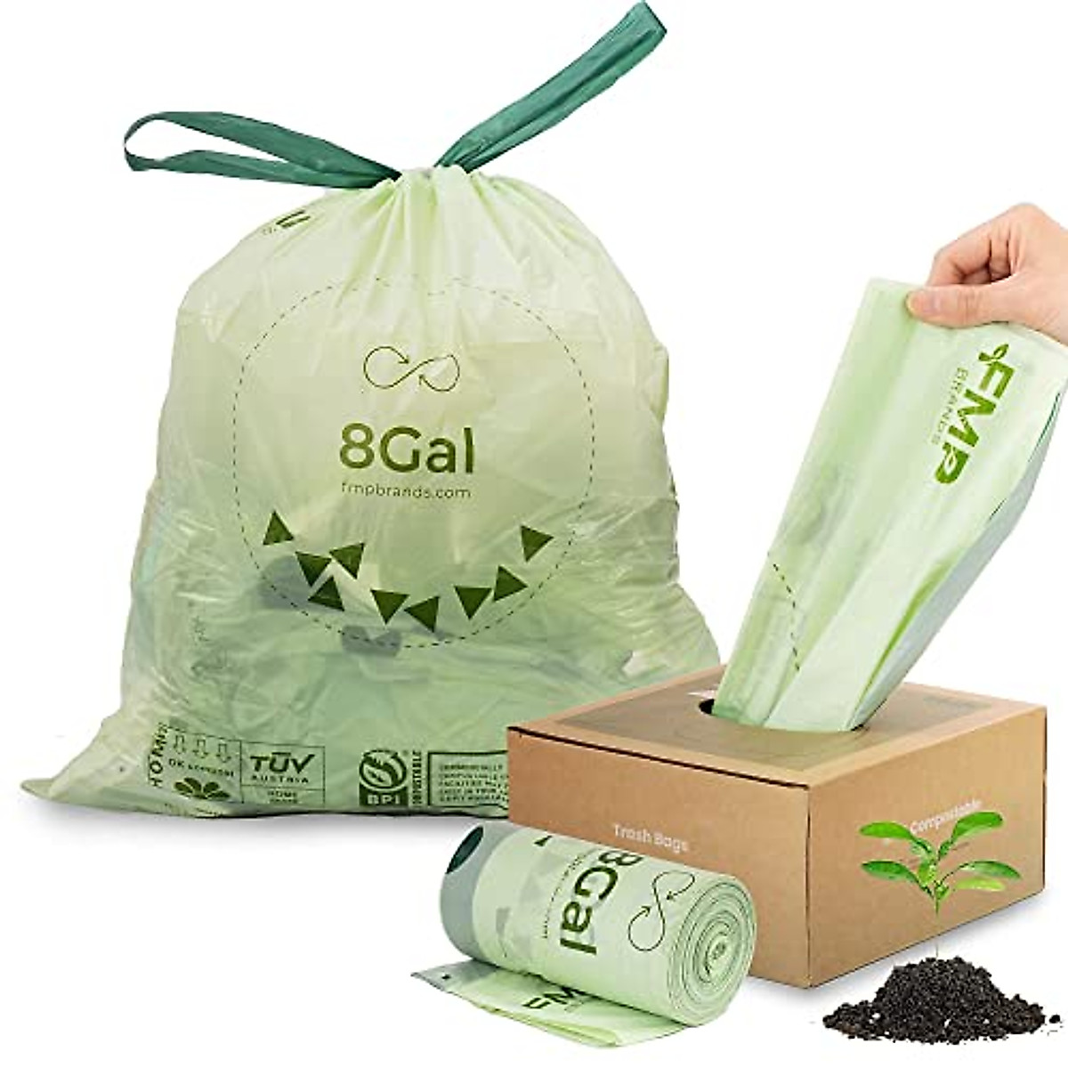 FMP Brands 100 Count 8 Gallon Compostable Drawstring Trash Bags, Extra Thick 1 Mil, Leak-Proof Kitchen Bag, 100% Compost Garbage Bag for Home Office Bathroom, BPI, ASTM D6400, OK Compost Certified